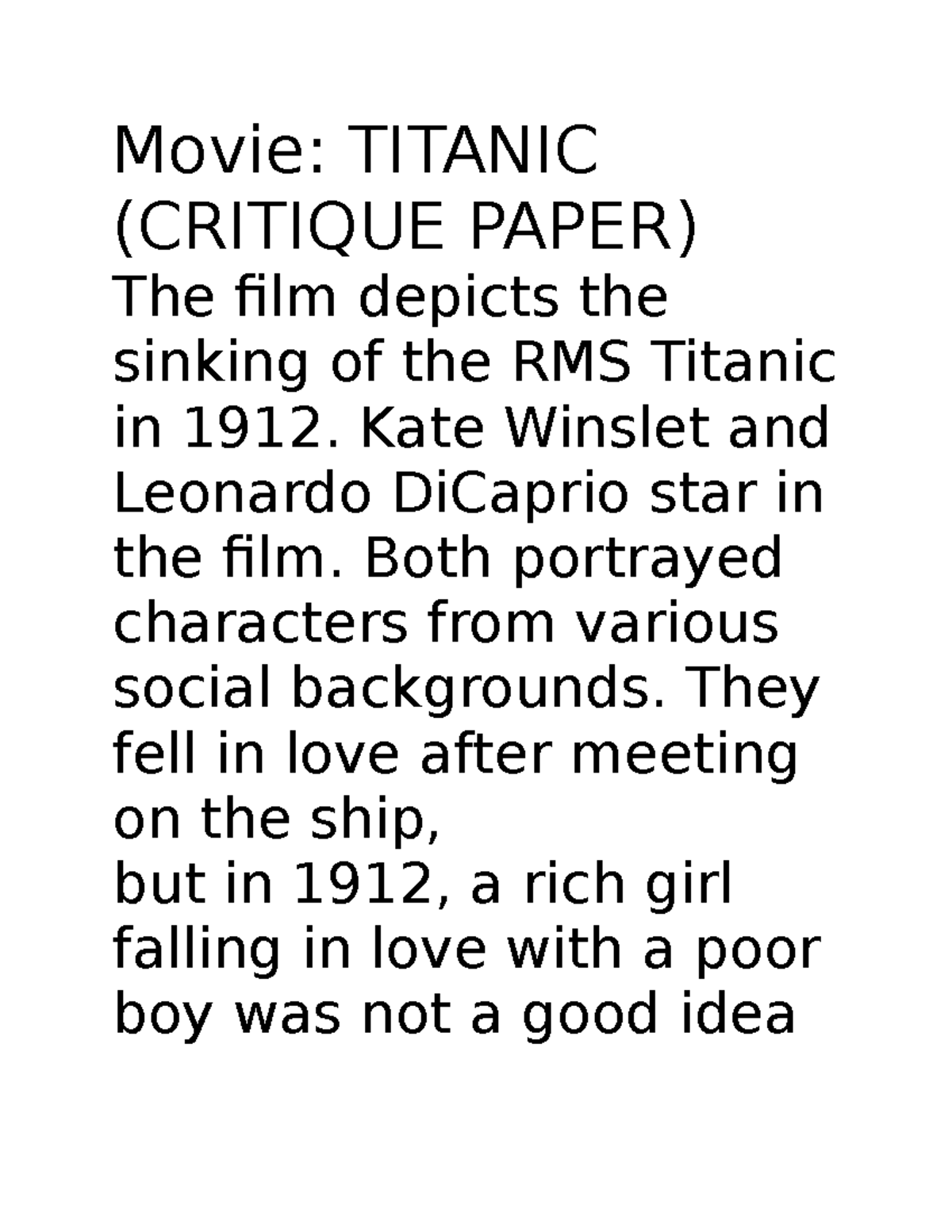 Titanic (1997) Critique Paper: An Emotional Analysis of Love & Loss ...