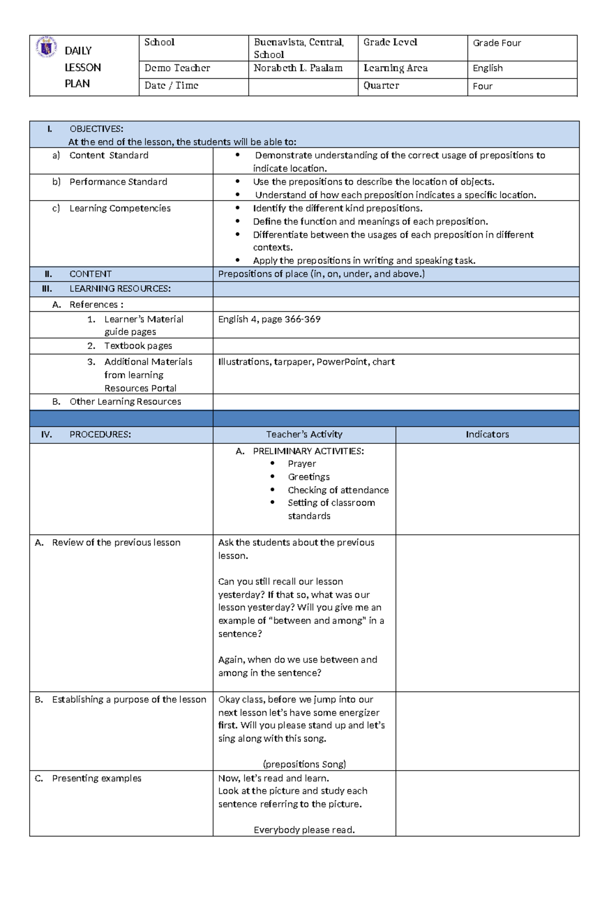 Grade 4 English Detailed Lesson Plan on Prepositions of Place - Studocu