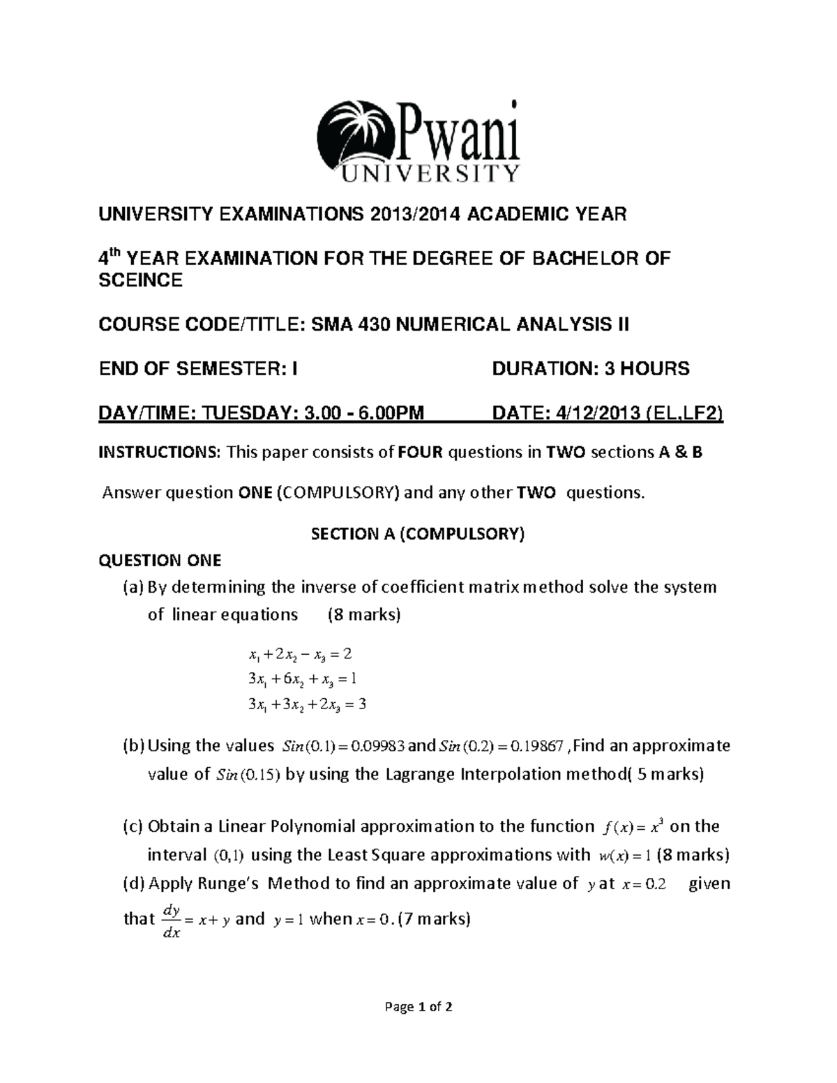 SMA 430 - Numerical Analysis II Exam Practice Questions Guide - Studocu