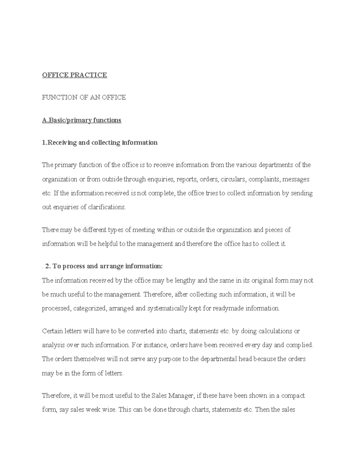 Office Practice: Functions and Layout Essentials - Class Notes - Studocu