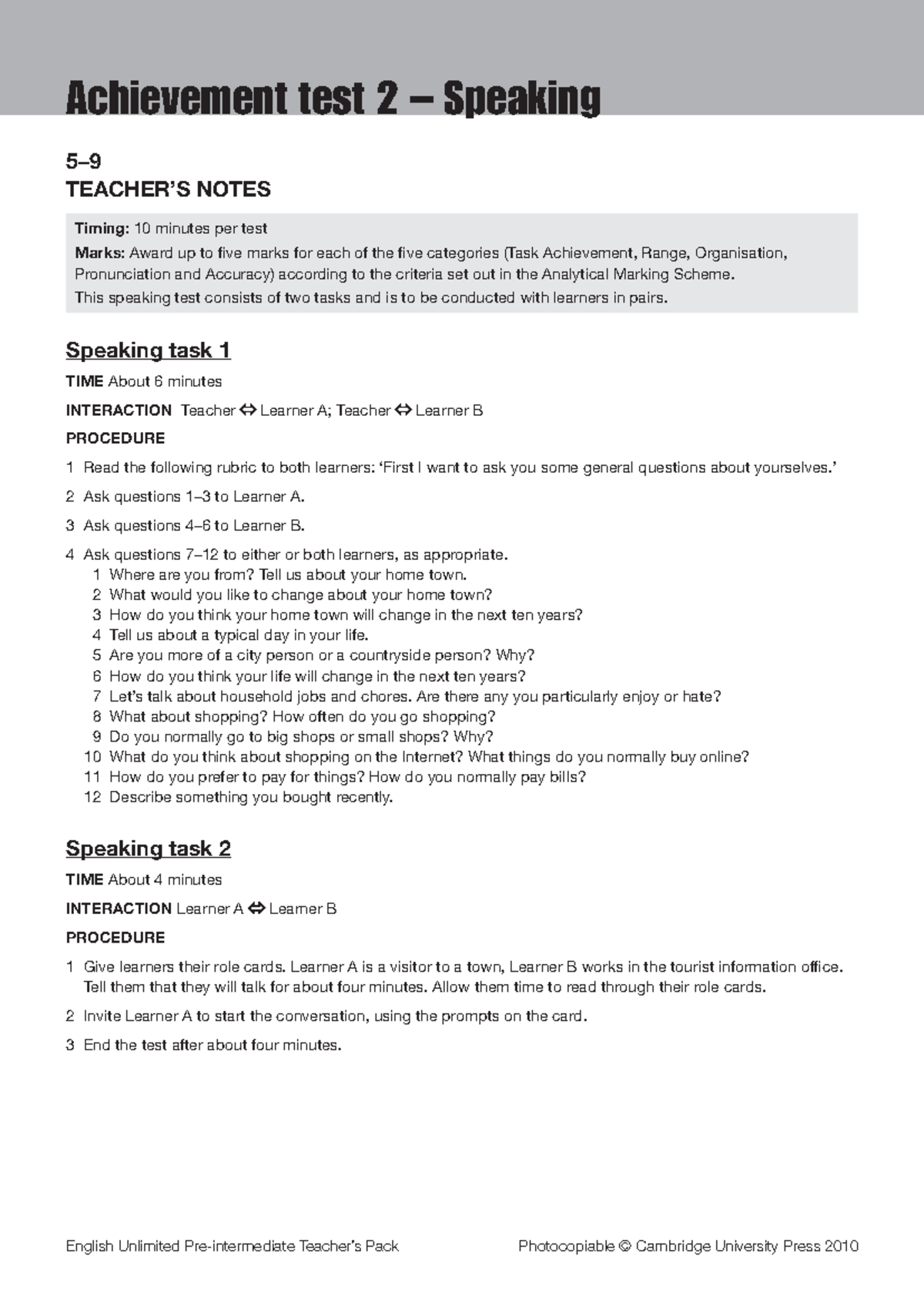 Achievement Test 2: Speaking Notes & Guidelines - Studocu