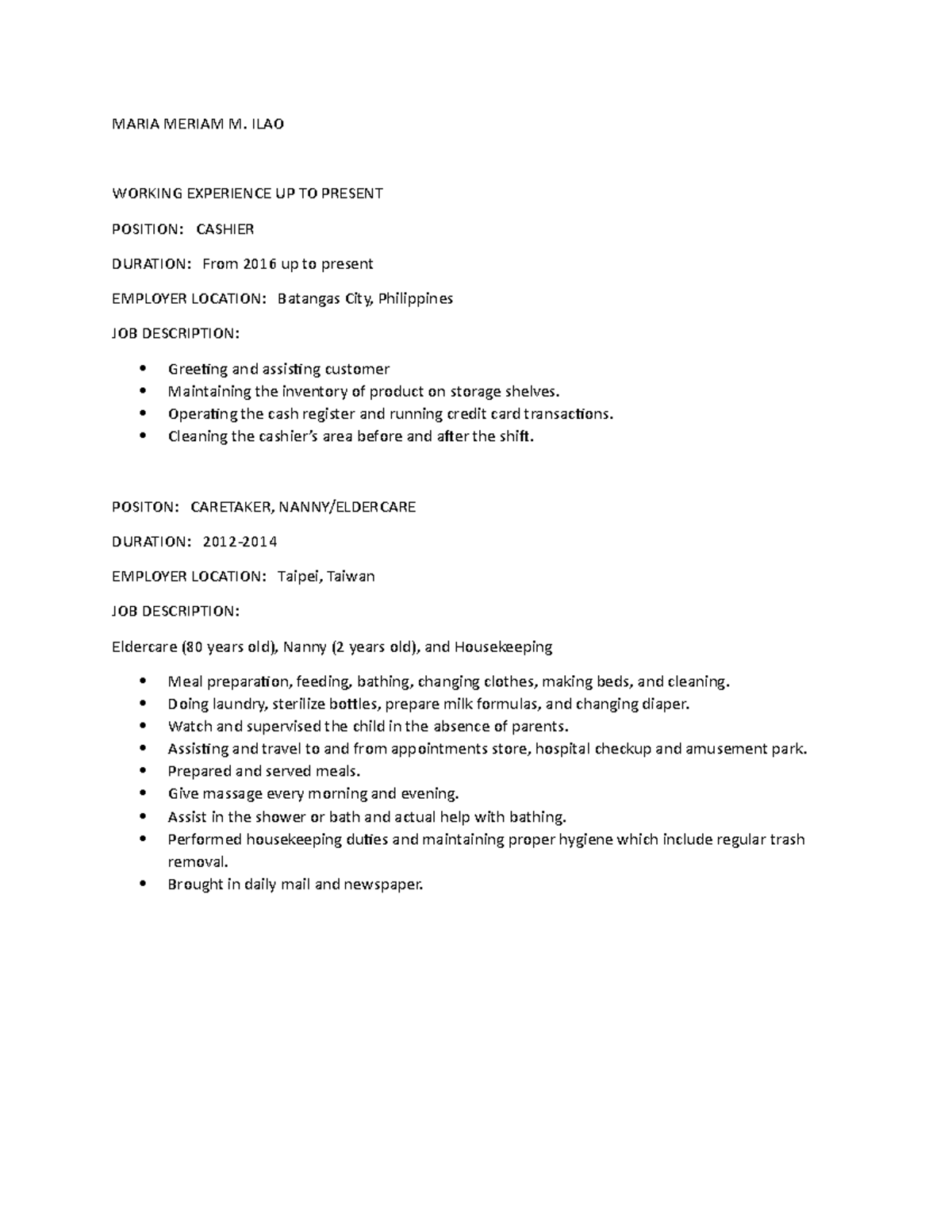 Resume mommy - Resune format - MARIA MERIAM M. ILAO WORKING EXPERIENCE ...