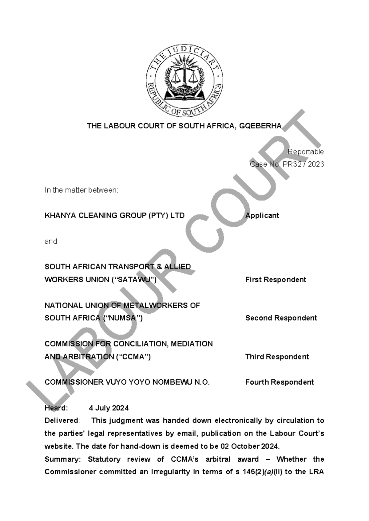 Labour Court Case Review: Khanya Cleaning Group vs. Unions (PR32/2023 ...