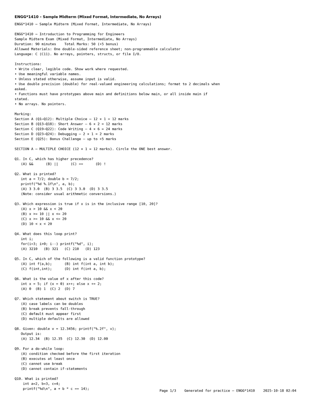 ENGG1410 Sample Midterm Exam (Mixed Format, No Arrays) - Studocu