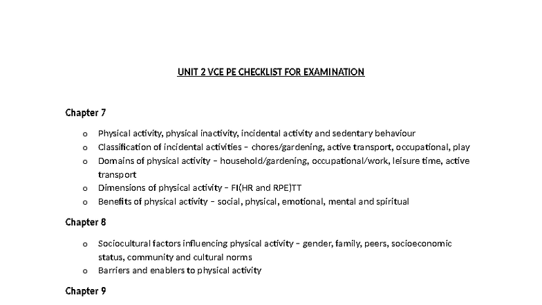 UNIT 2 VCE PE Exam Checklist: Key Concepts & Guidelines - Studocu