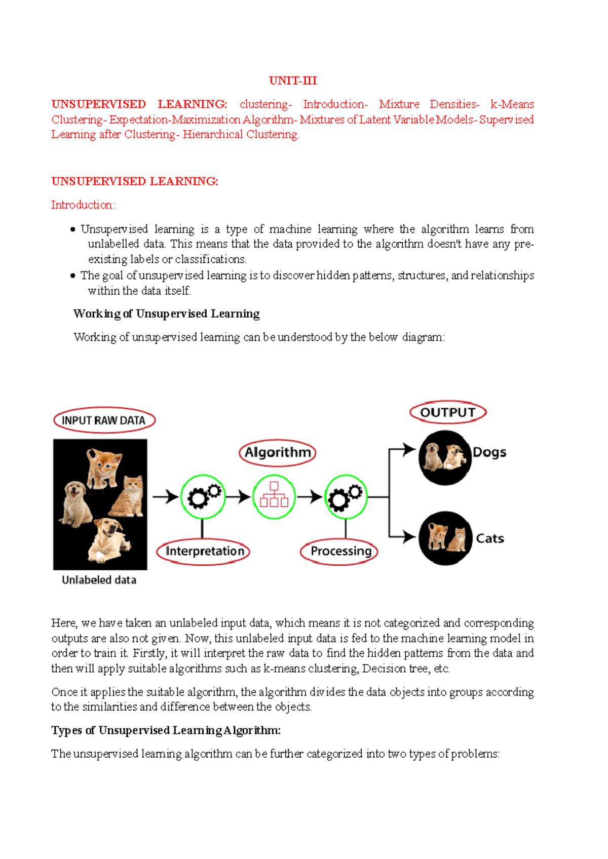 ML UNIT-III: Unsupervised Learning & Clustering Techniques Notes - Studocu