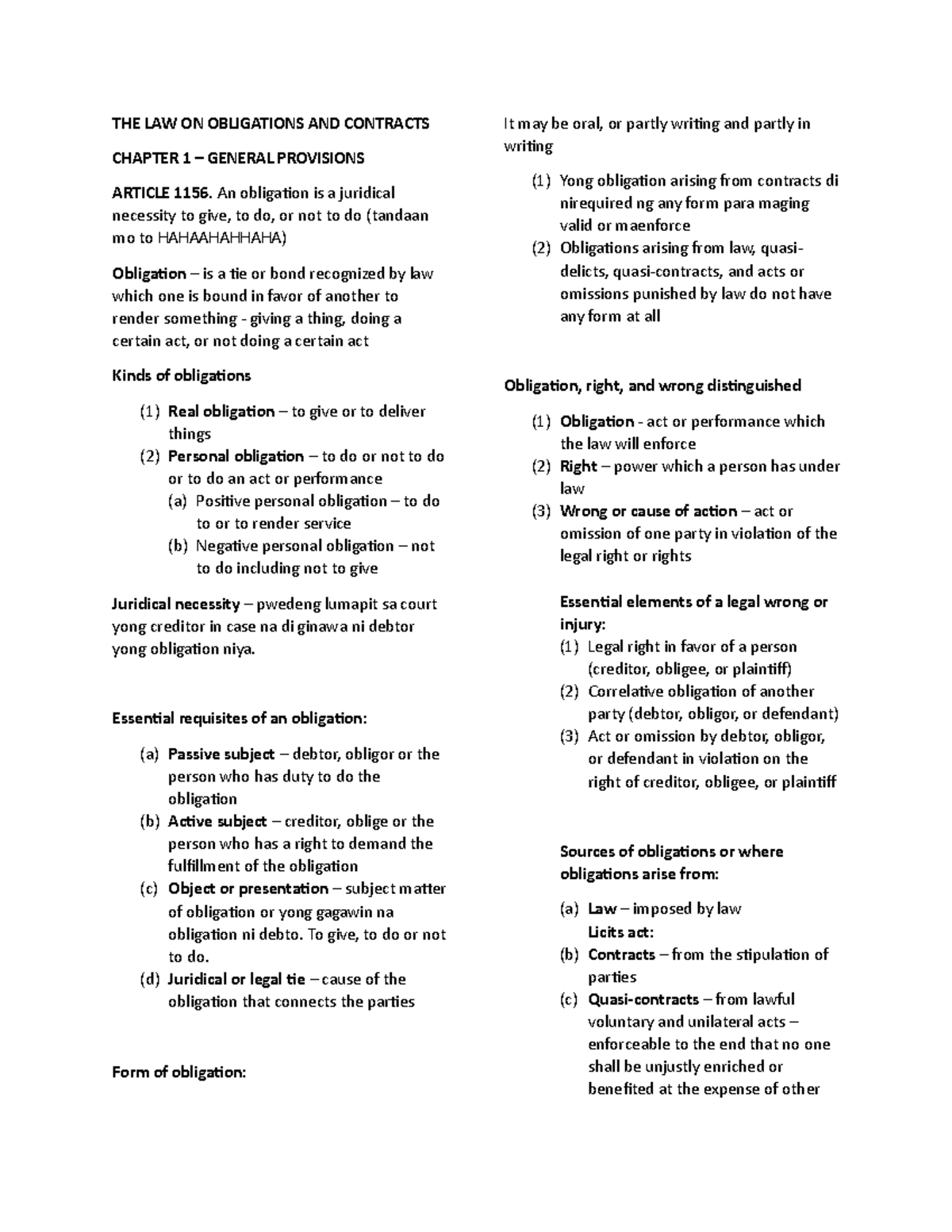 Oblicon 101: Reviewer on Obligations & Contracts - Chapters 1-7 - Studocu