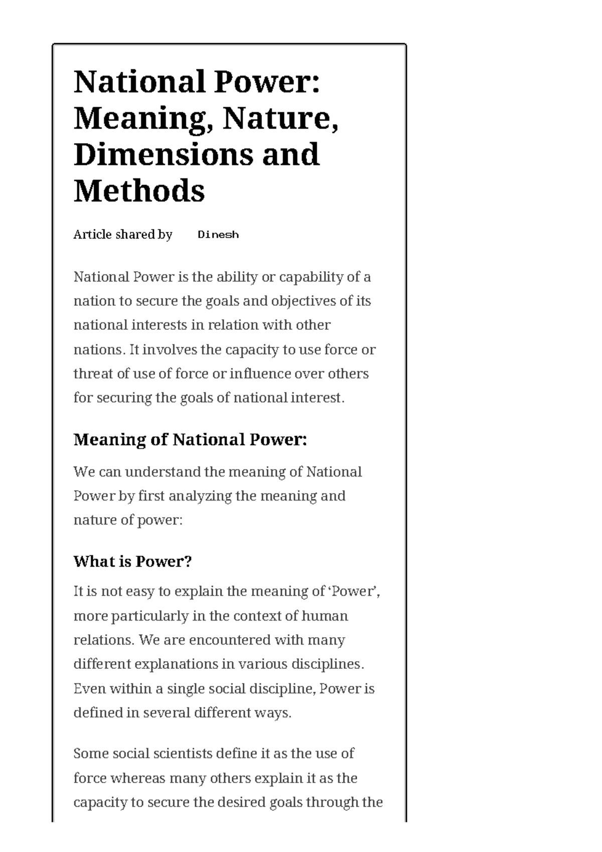 National Power: Understanding Meaning, Nature & Dimensions - Studocu