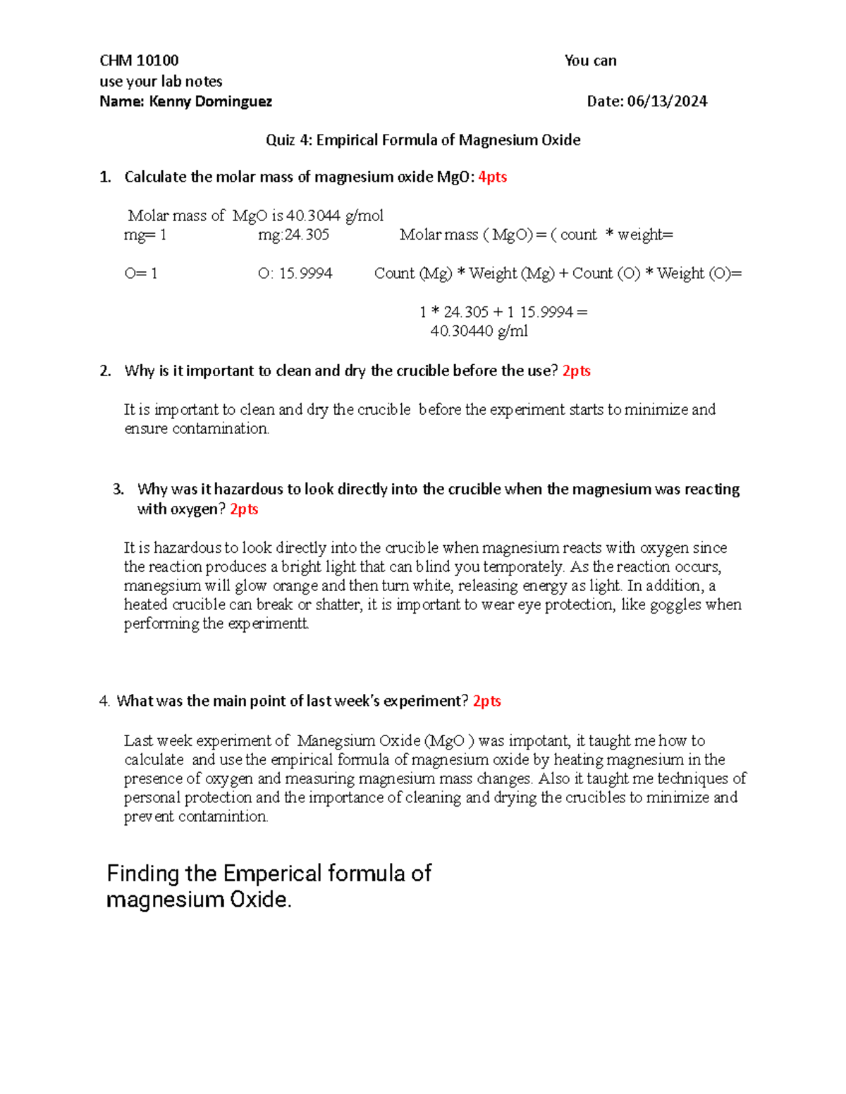 Quiz 4 - Empirical Formula of Magnesium Oxide (CHM 10100) - Studocu
