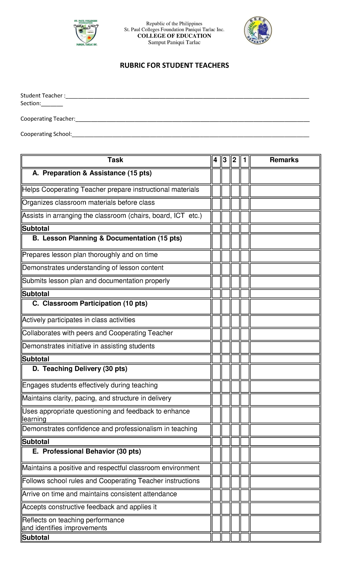 Rubric for Student Teachers Evaluation - COLLEGE OF EDUCATION - Studocu