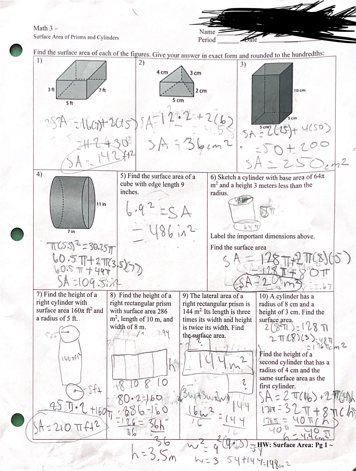 Math 3: Surface Area of Prisms and Cylinders Homework Assignment - Studocu