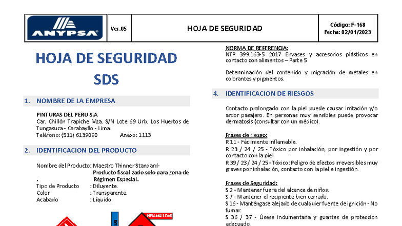 HOJA DE SEGURIDAD SDS - Maestro Thinner Standard NTP 2017 - Studocu