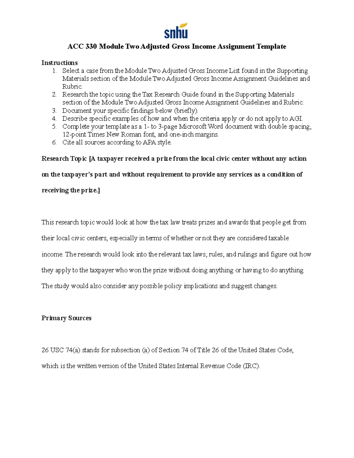 ACC 330 Module Two Adjusted Gross Income Assignment Template Josh 22 - ACC 330 Module Two ...