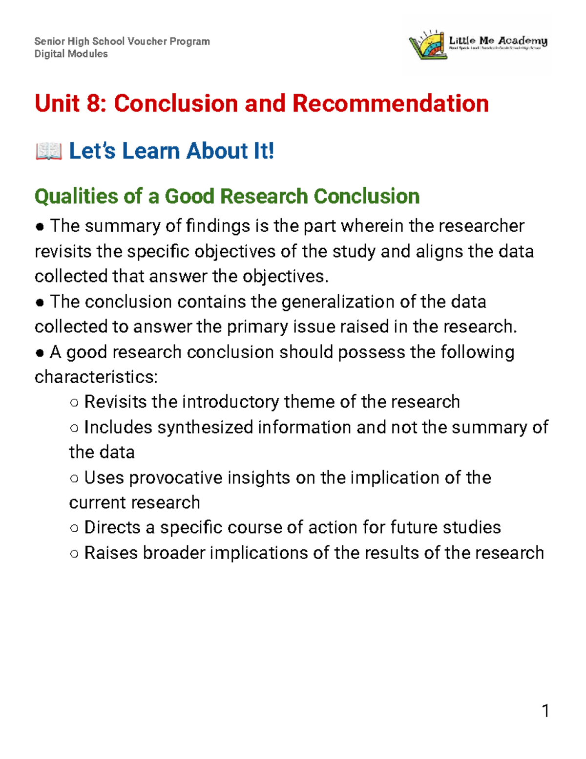 G12 S1 STEM Capstone Unit 8: Research Conclusions & Recommendations ...
