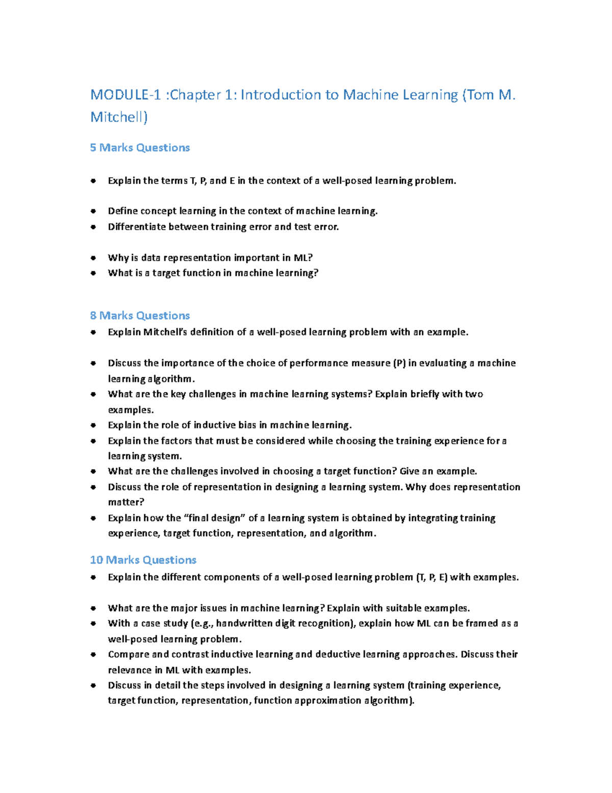 Chapter 1: Intro to ML Concepts & Learning Problems (5, 8, 10 Marks ...