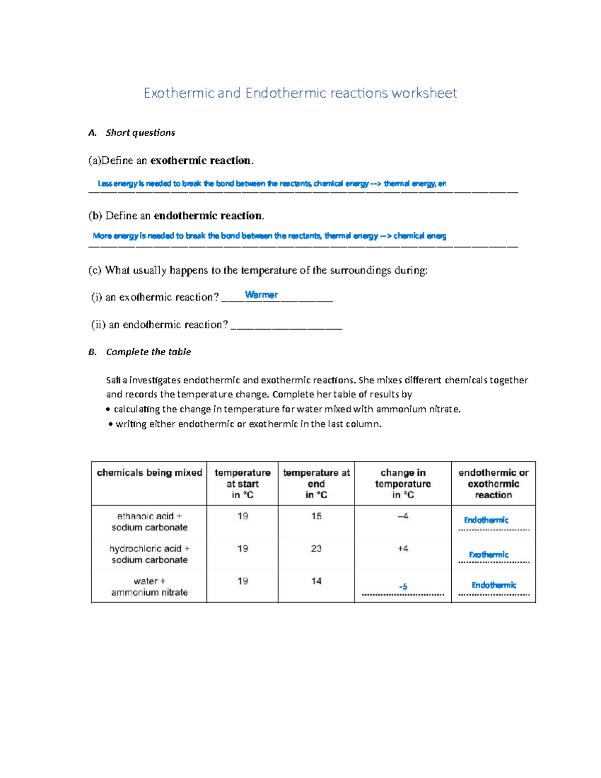 Exothermic & Endothermic Reactions Worksheet A: Short Qs & Table - Studocu