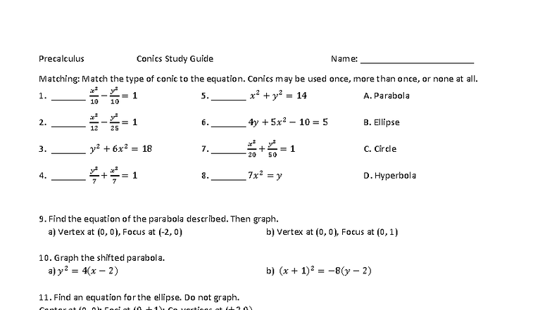 Precalculus Conics Study Guide (MATH101) - Matching & Graphing - Studocu