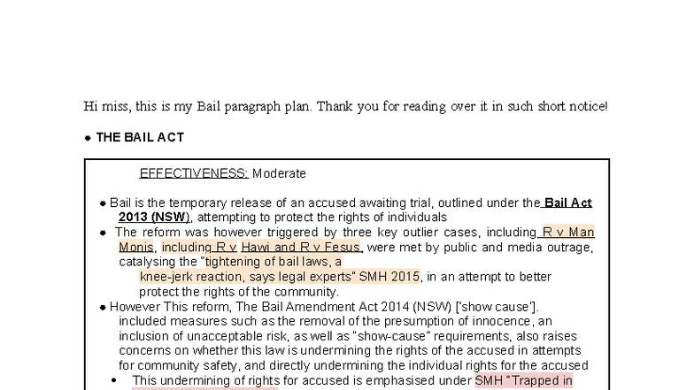 Bail Act Effectiveness: A Paragraph Plan (Bail Law Essay) - Studocu