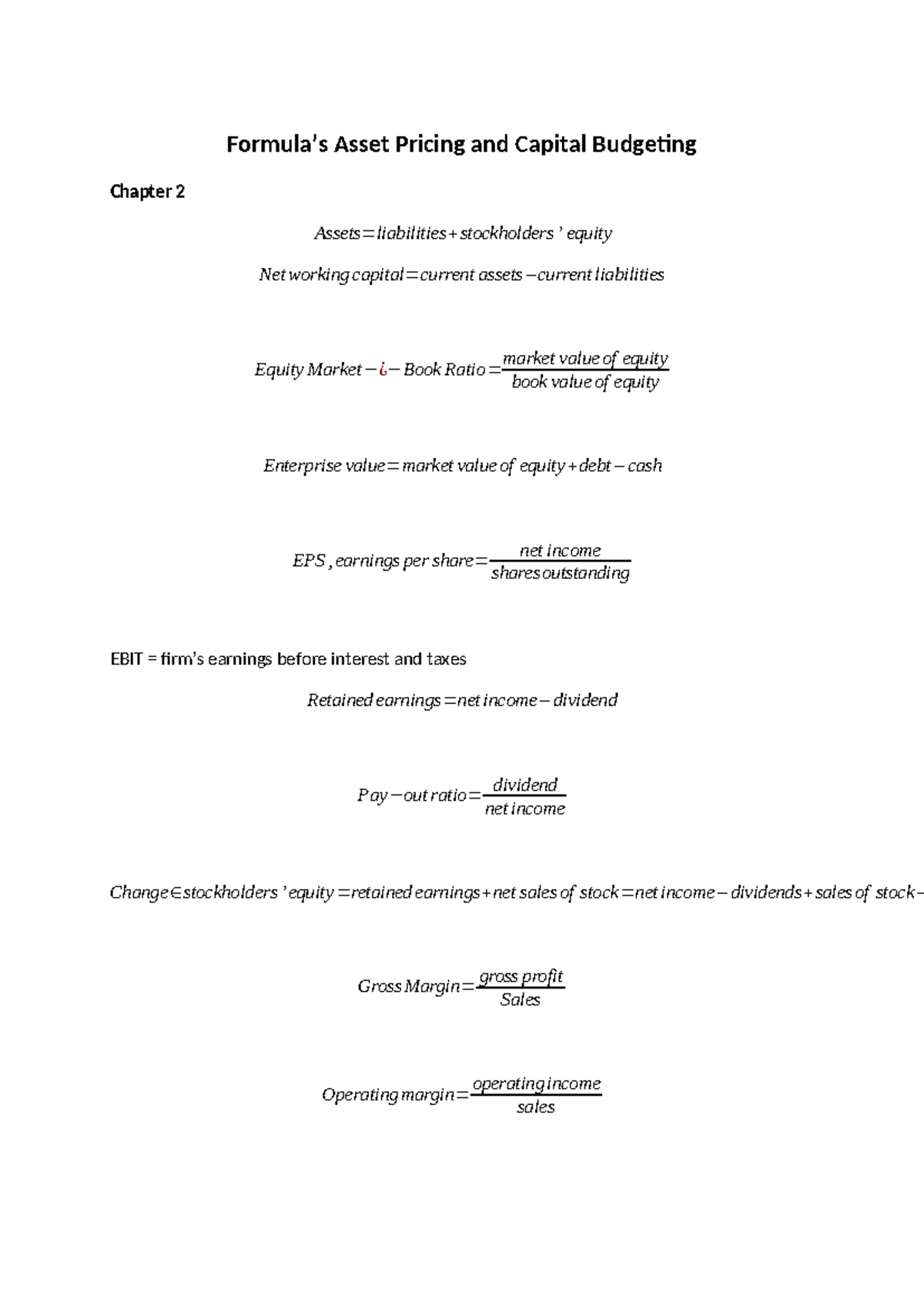 Summary of Asset Pricing and Capital Budgeting Formulas (FIN 301 ...
