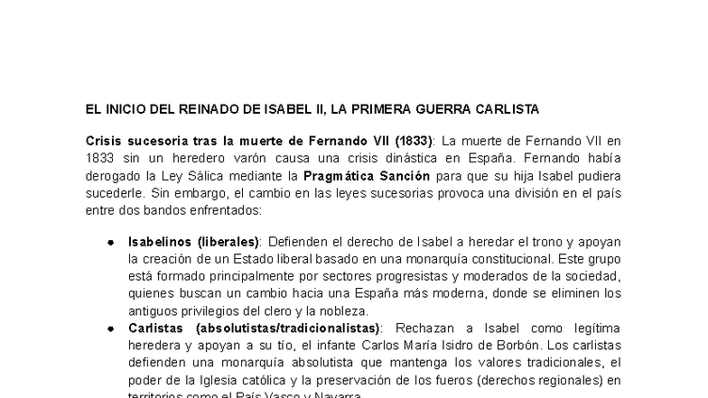 EL INICIO DEL REINADO DE ISABEL II Y LA PRIMERA GUERRA CARLISTA (1833 ...