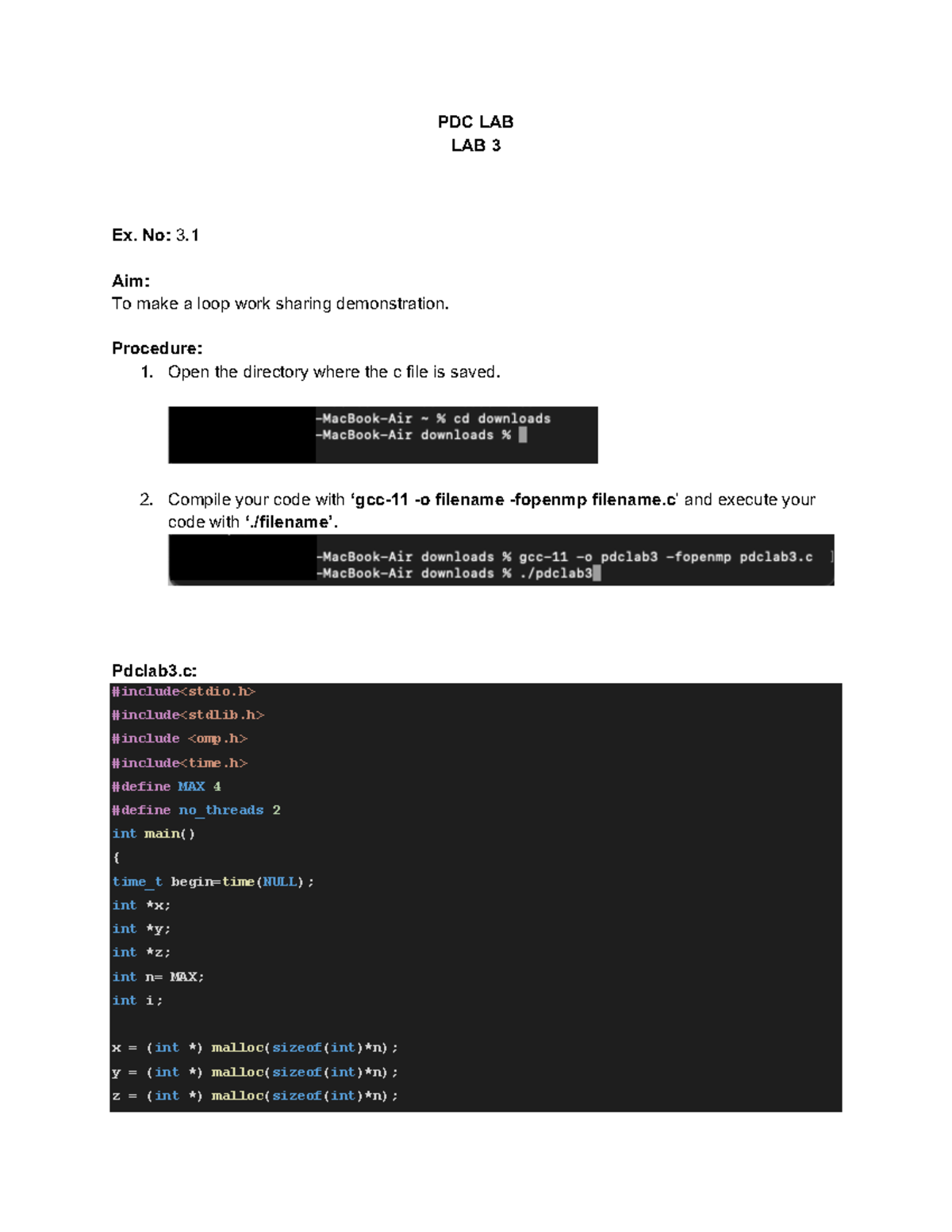 Lab3 PDC - Loop and Section Work Sharing Program using OpenMP with instructions and outputs ...