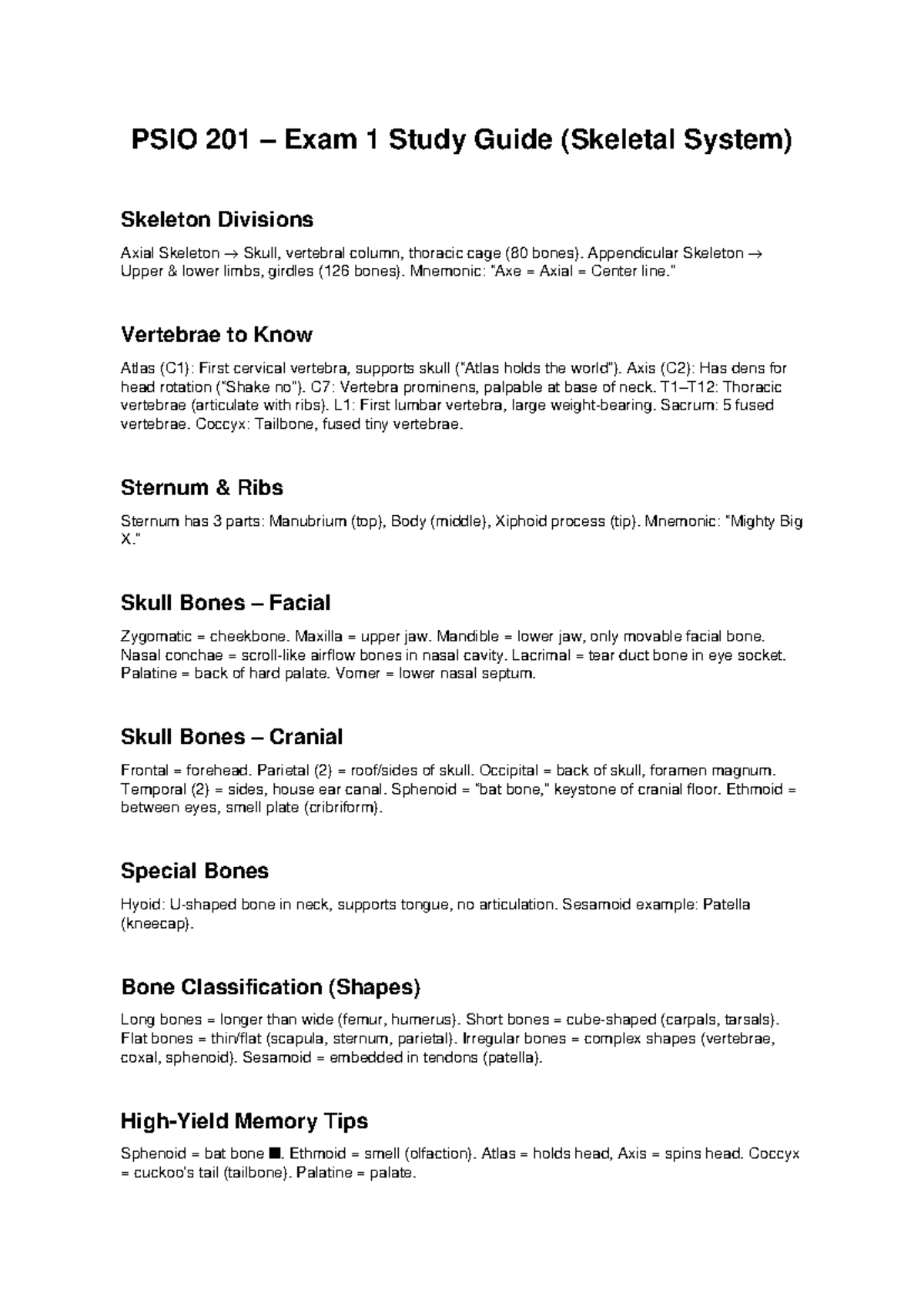 PSIO 201 Exam 1 Study Guide: Skeletal System Overview - Studocu