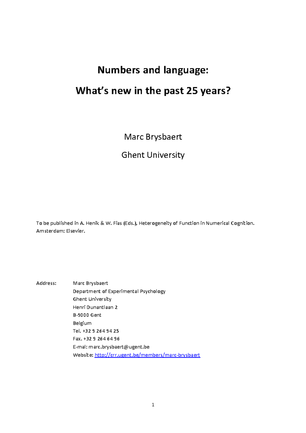 Brysbaert 2018: Insights on Numbers and Language in Cognition - Studocu
