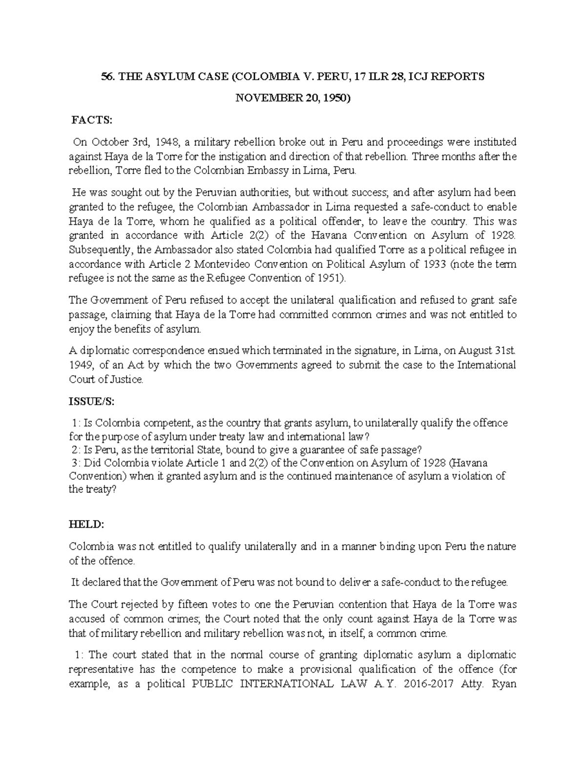 56. The Asylum Case: Colombia v. Peru - ICJ Digest Analysis - Studocu
