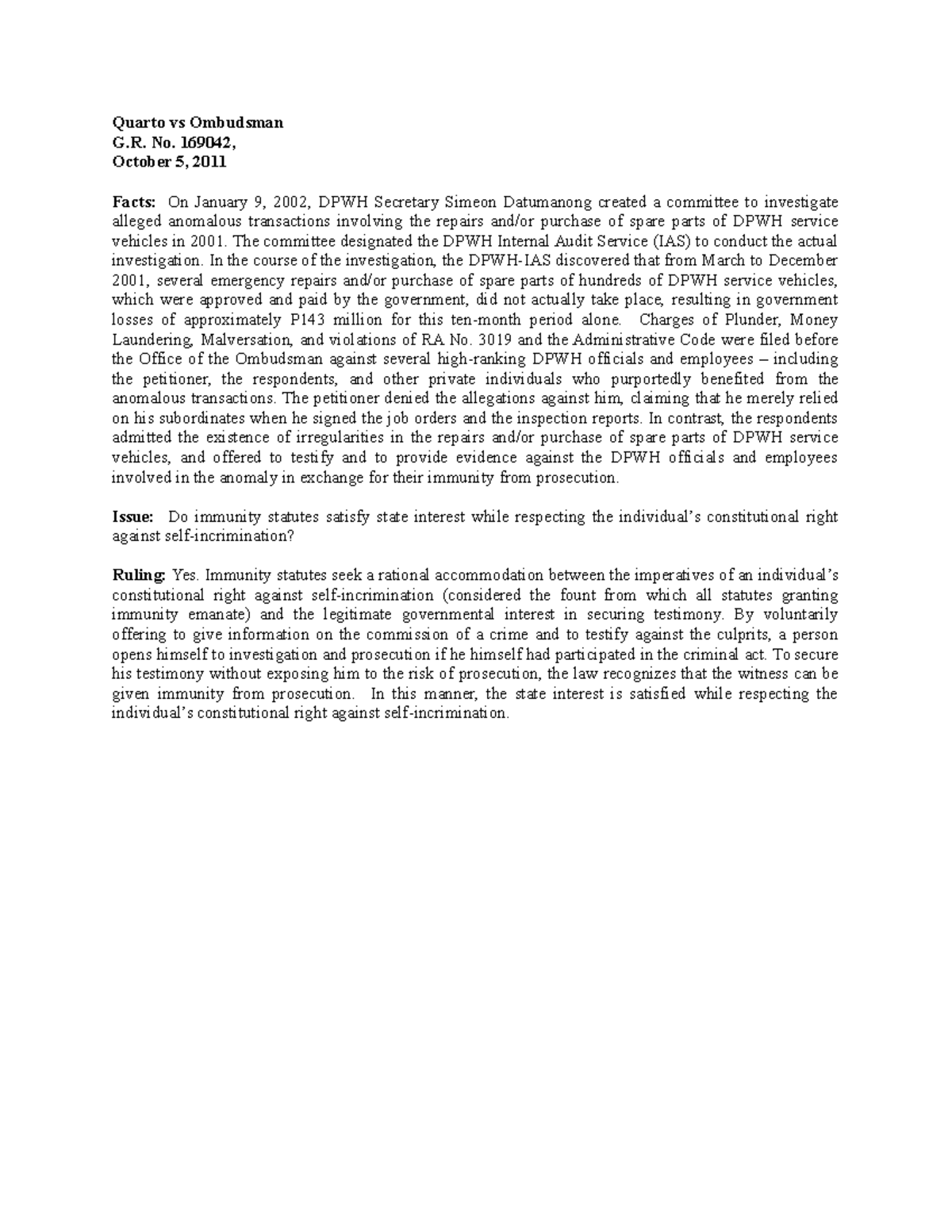 G.R. No. 169042 Case Study: Quarto vs Ombudsman Analysis - Studocu