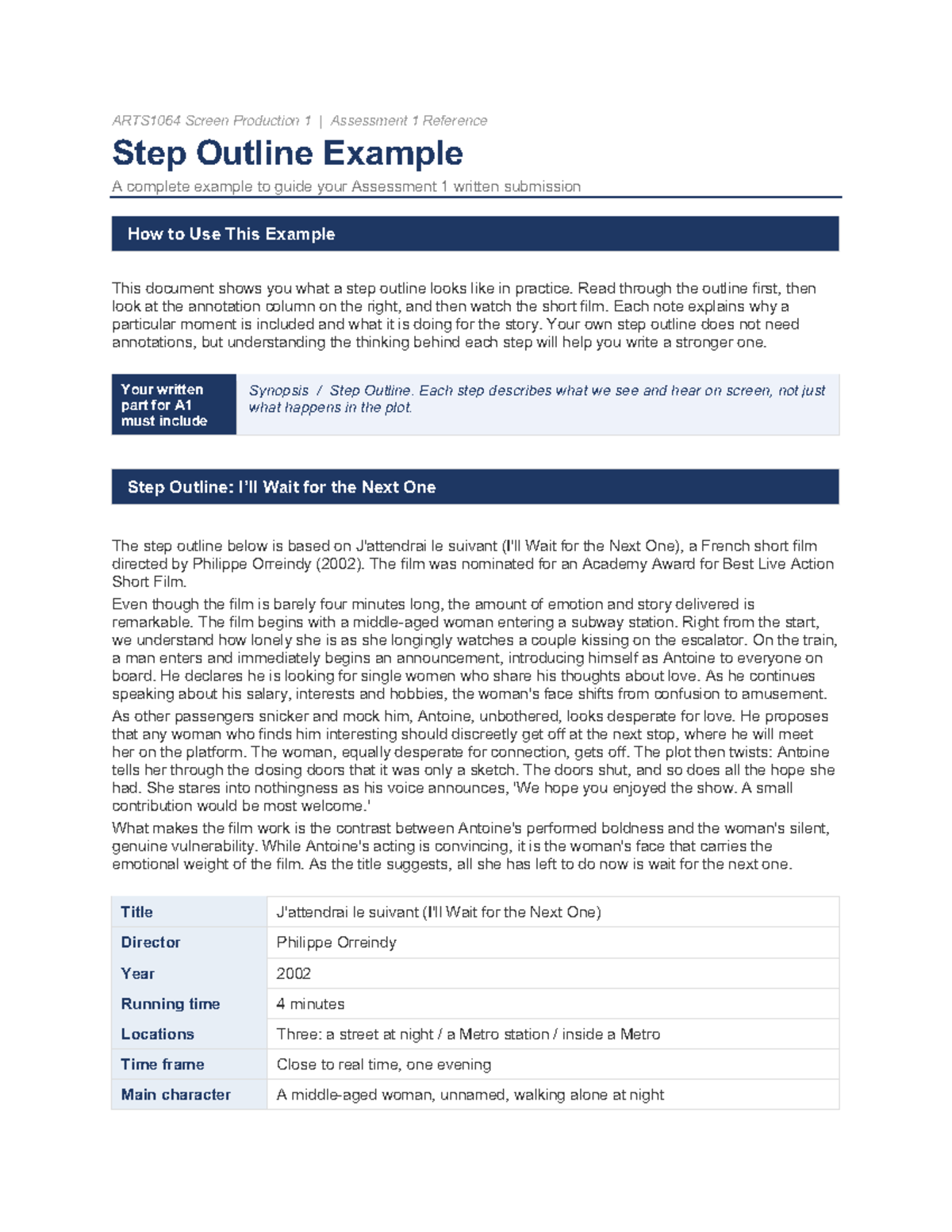 ARTS1064 Screen Production 1 A1 Step Outline Example Guide - Studocu