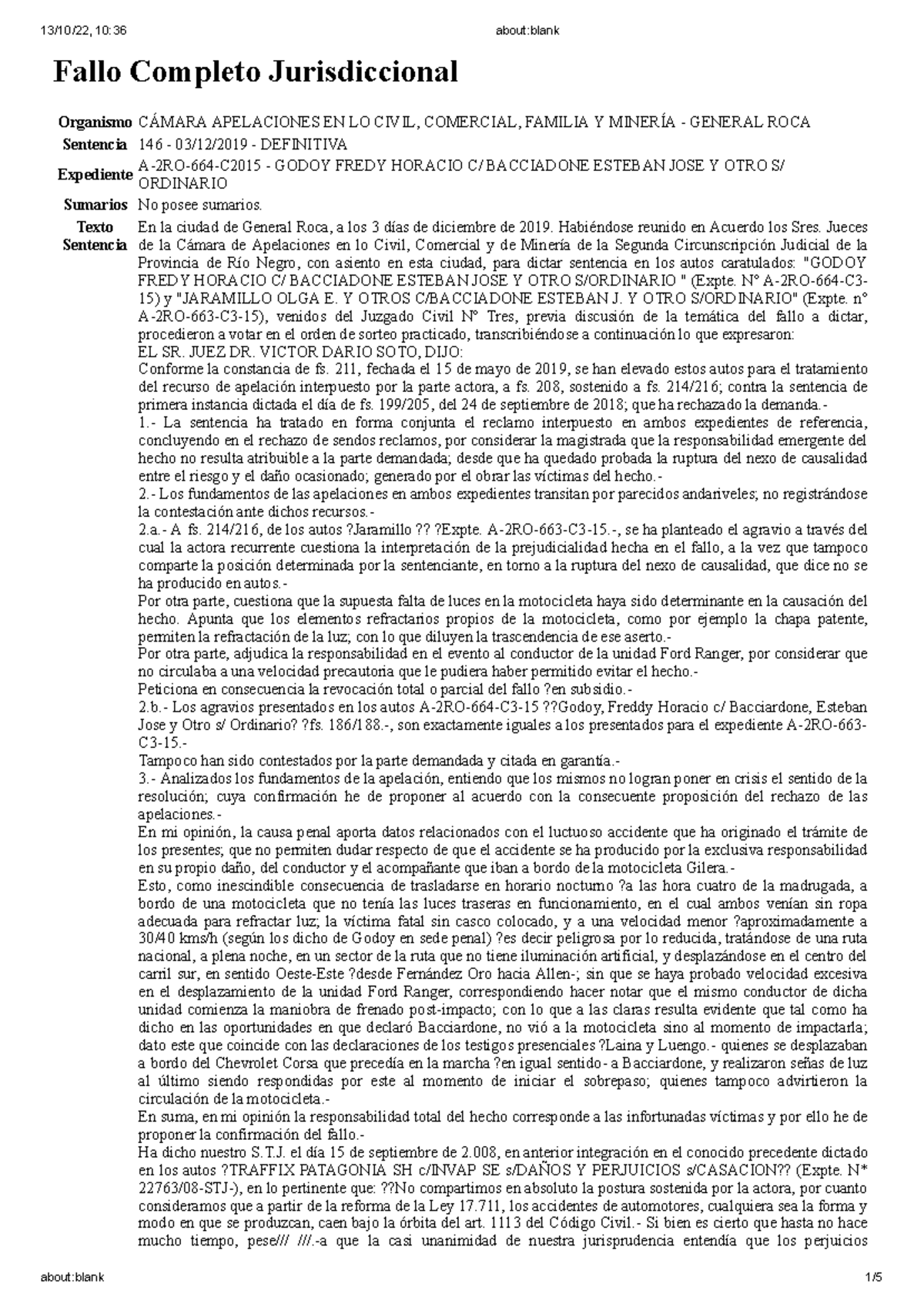 Sentencia Completa: Godoy F. H. c/ Bacciadone E. J. y Otro - Causa A ...