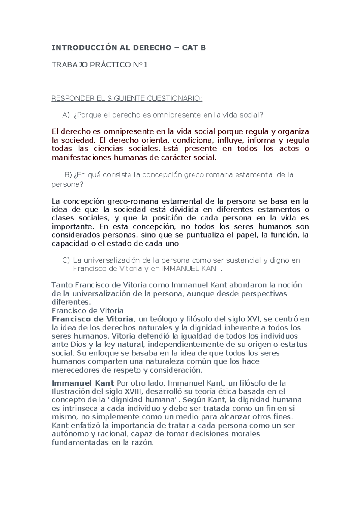 Introducción al Derecho - CAT B: TP 1 Cuestionario de Reflexión - Studocu