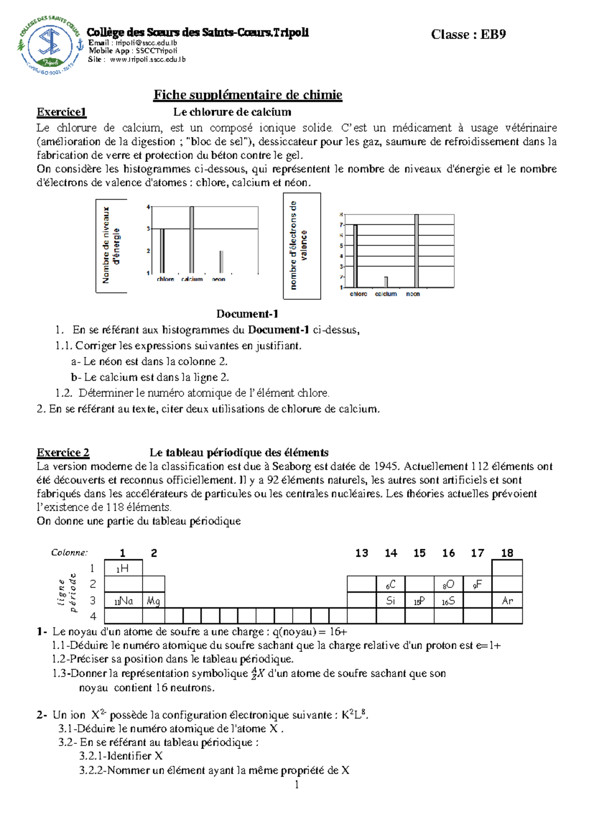 Exercices de Chimie EB9 : Chlorure de Calcium et Tableau Périodique ...