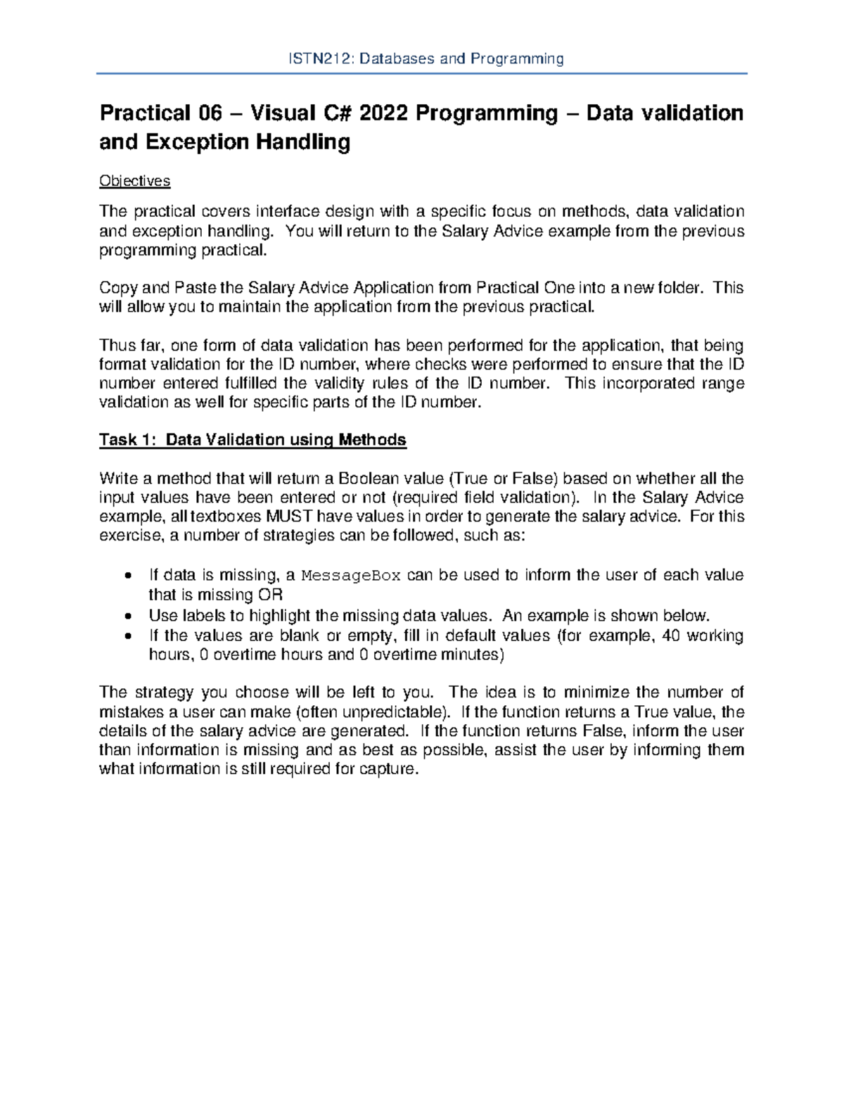 ISTN212: Practical 06 - Data Validation & Exception Handling - Studocu