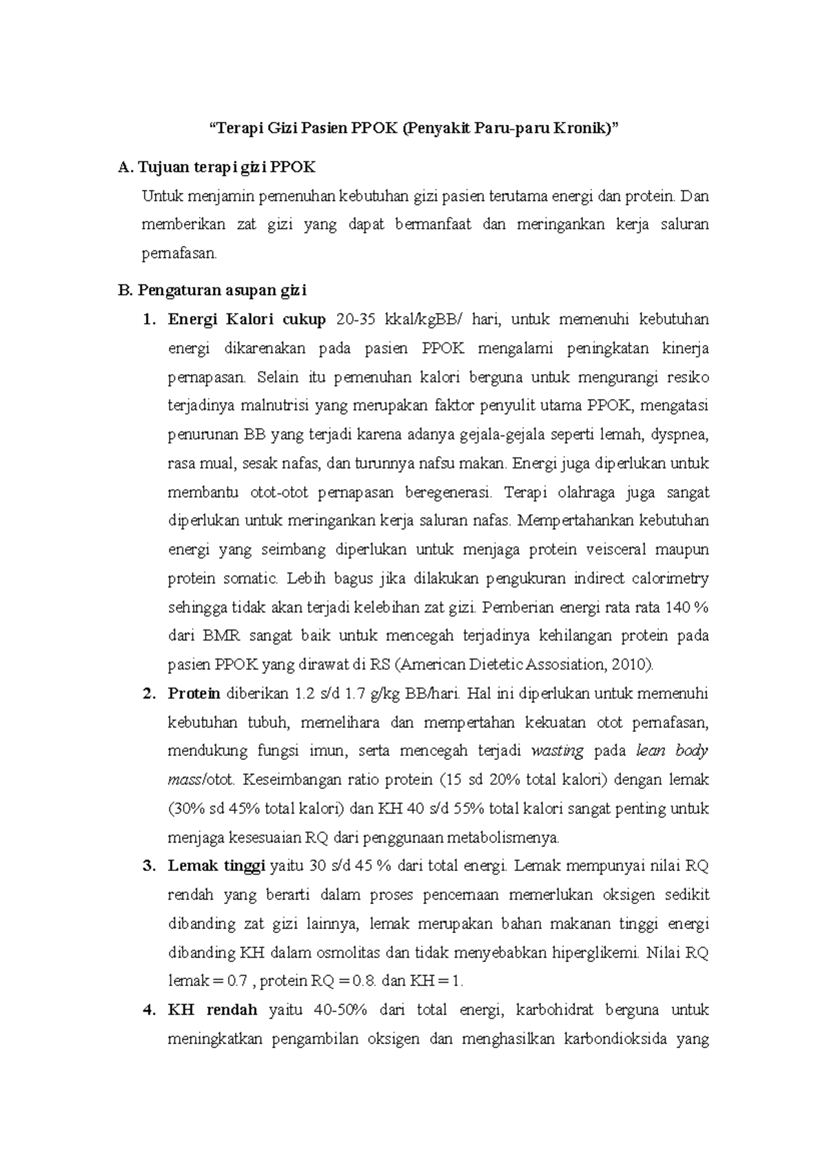 Terapi Gizi untuk Pasien PPOK: Panduan Nutrisi dan Menu Diet - Studocu