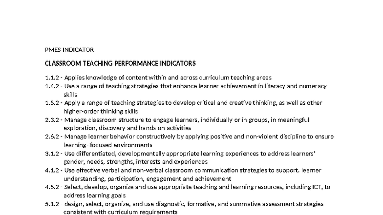 PMES Indicators for Teachers: Enhancing Classroom Performance - Studocu