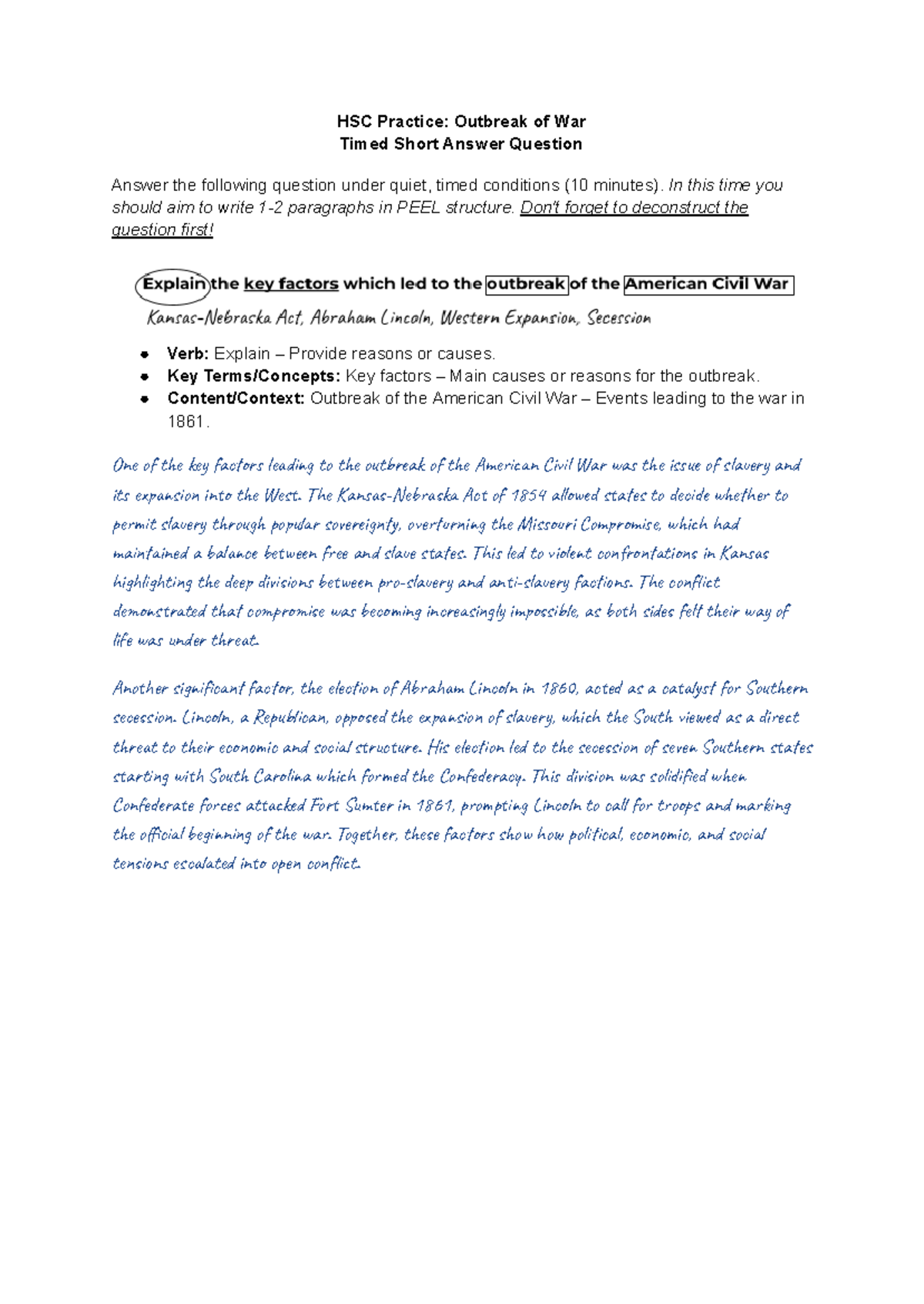 HSC Practice: Causes of the American Civil War Short Answer Response ...