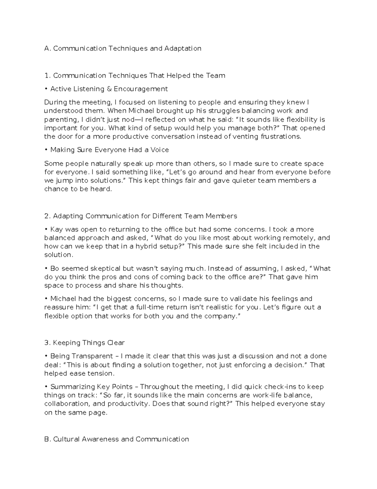 D577 Task 2 - Communication Techniques & Cultural Awareness Insights - Studocu