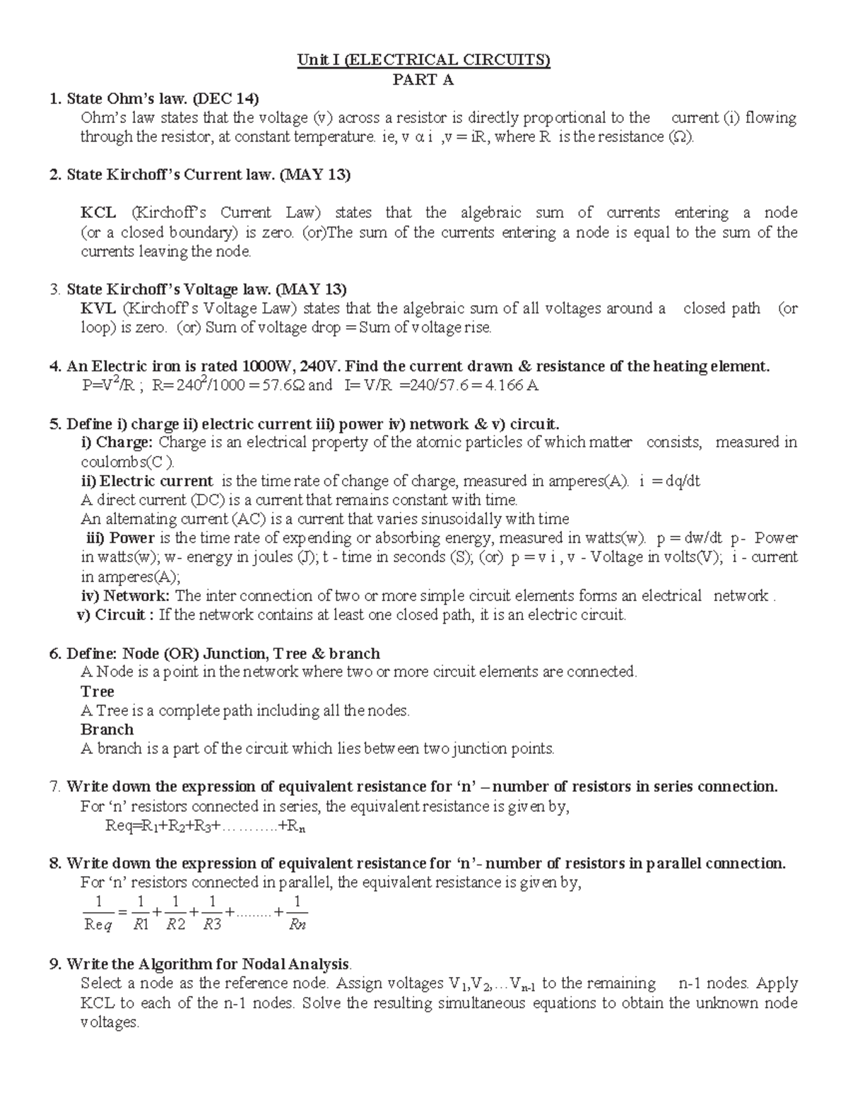 Electrical electronics notes p1 - Unit I (ELECTRICAL CIRCUITS) PART A ...
