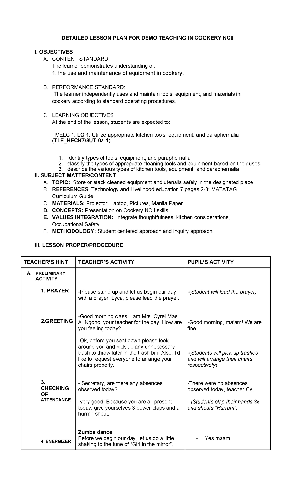 Detailed Lesson Plan for Demo Teaching in Cookery NCII - Studocu