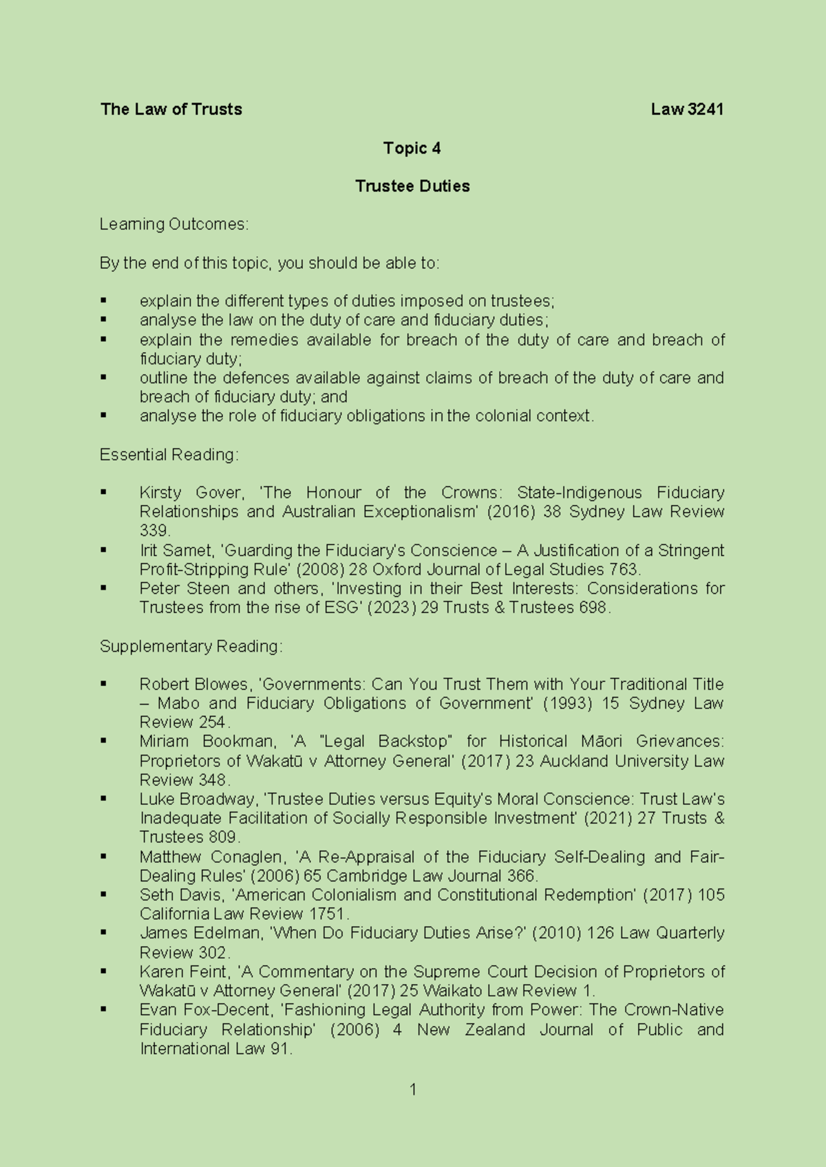 Trustee Duties & Fiduciary Responsibilities – Law 3241 Final Notes ...