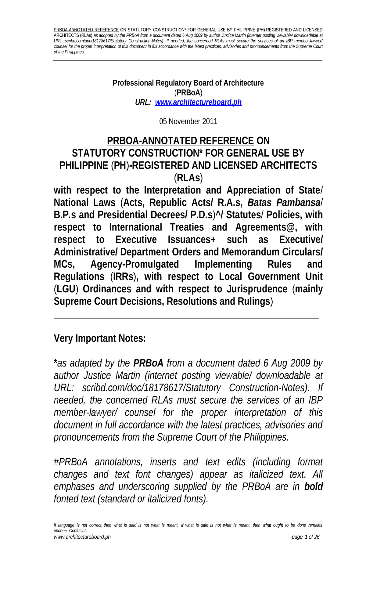 Prboa Annotated Reference ON Statutory C - ARCHITECTS (RLAs) as adopted ...