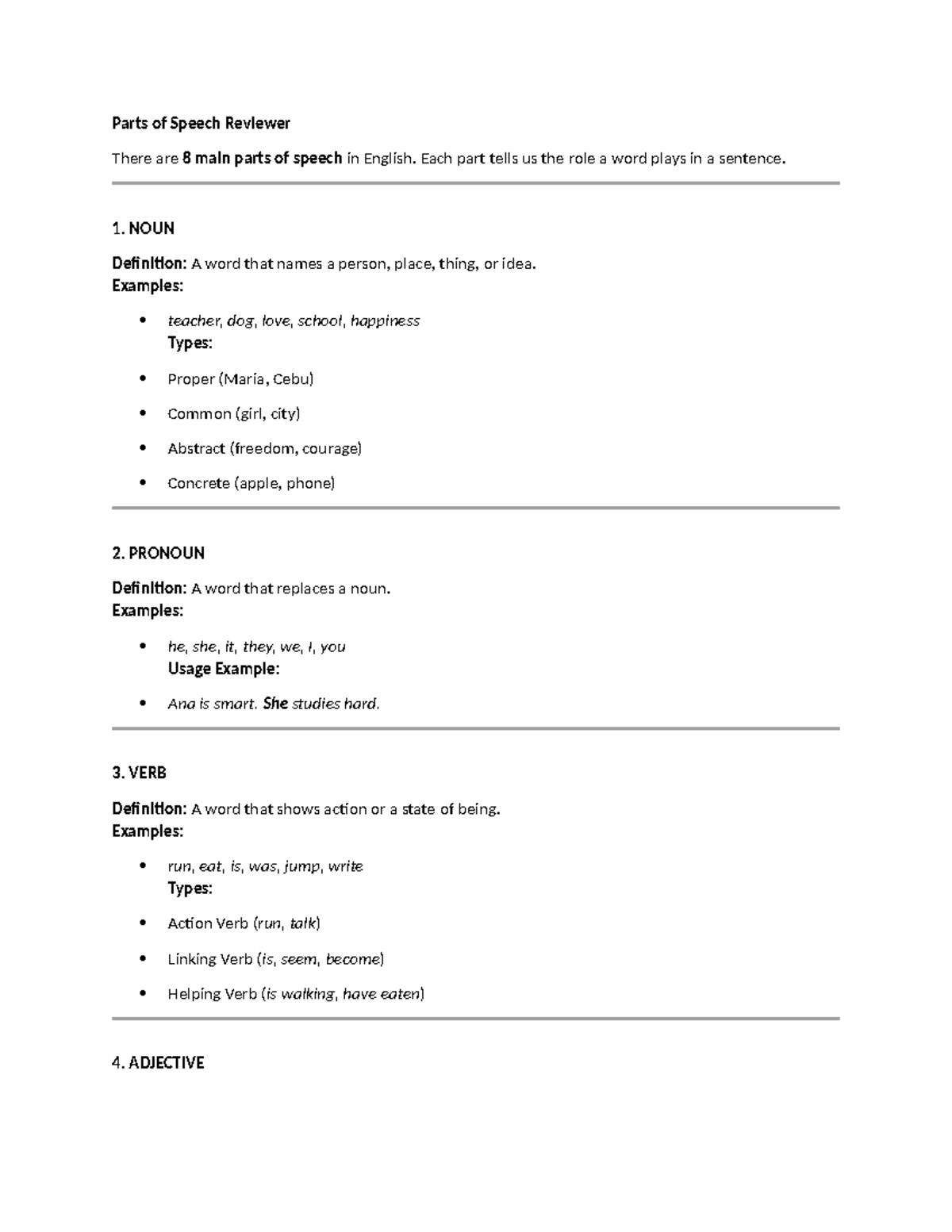 Parts of speech review notes for English rev1 - Studocu