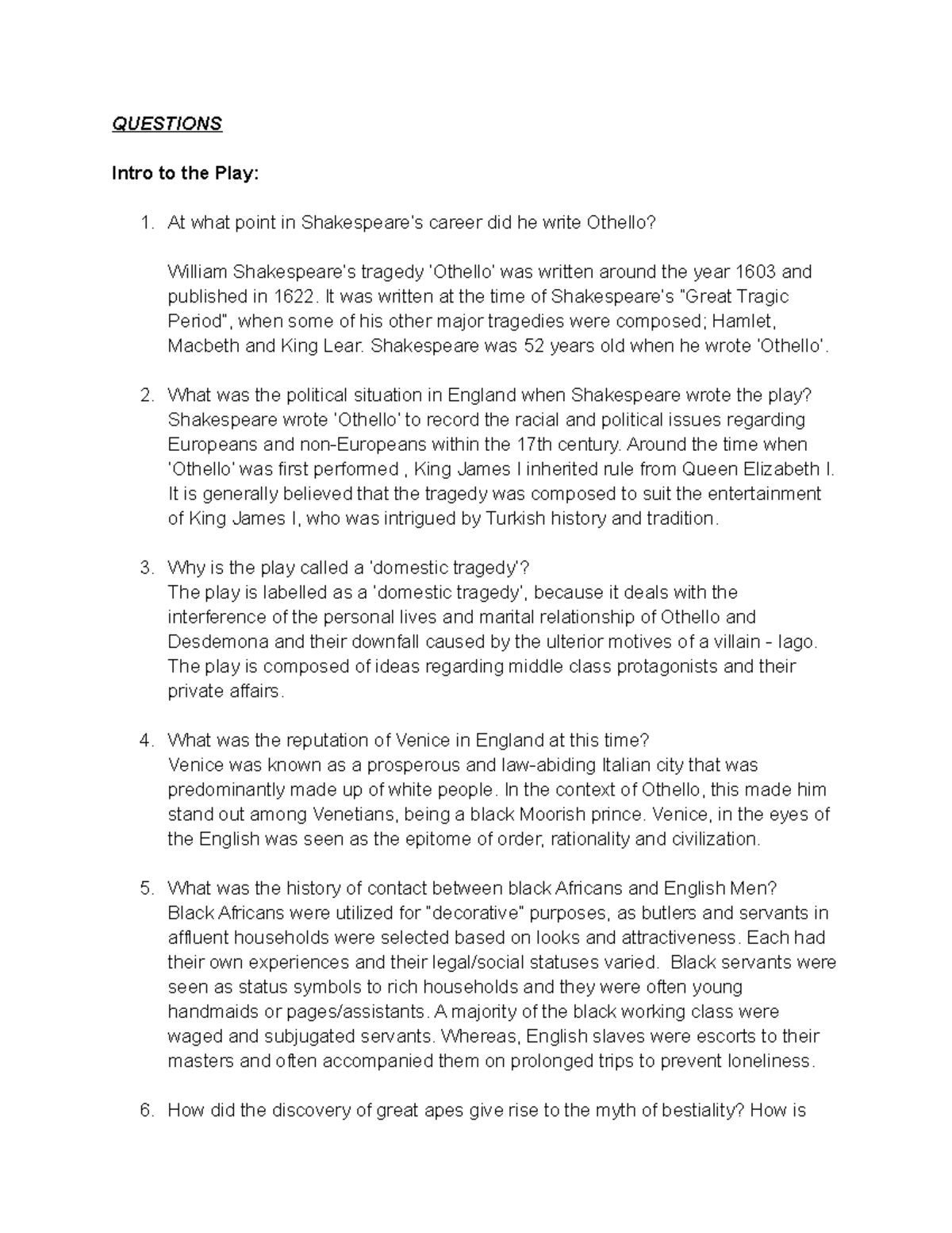 Intro to Play Study Questions - Othello Analysis and Insights - Studocu