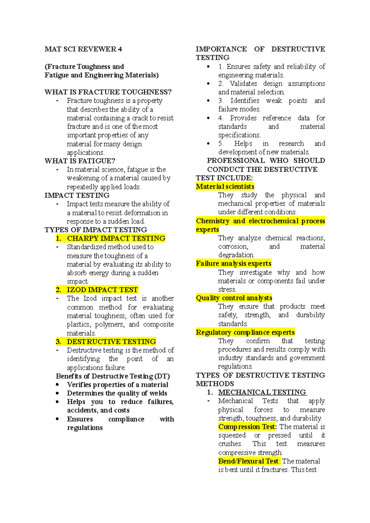 MAT SCI 4: Fracture Toughness, Fatigue & Impact Testing Review - Studocu
