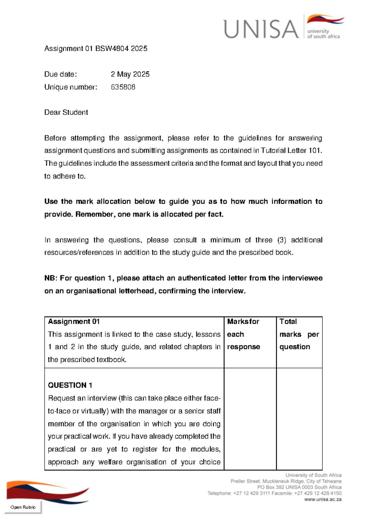 BSW4804 Assignment 01 Guidelines and Requirements 2025 - Studocu