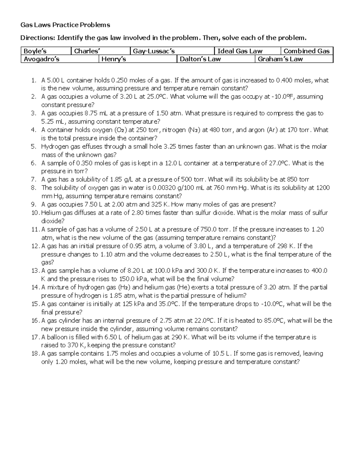 Gas Laws Practice Problems - Gas Laws Practice Problems Directions ...