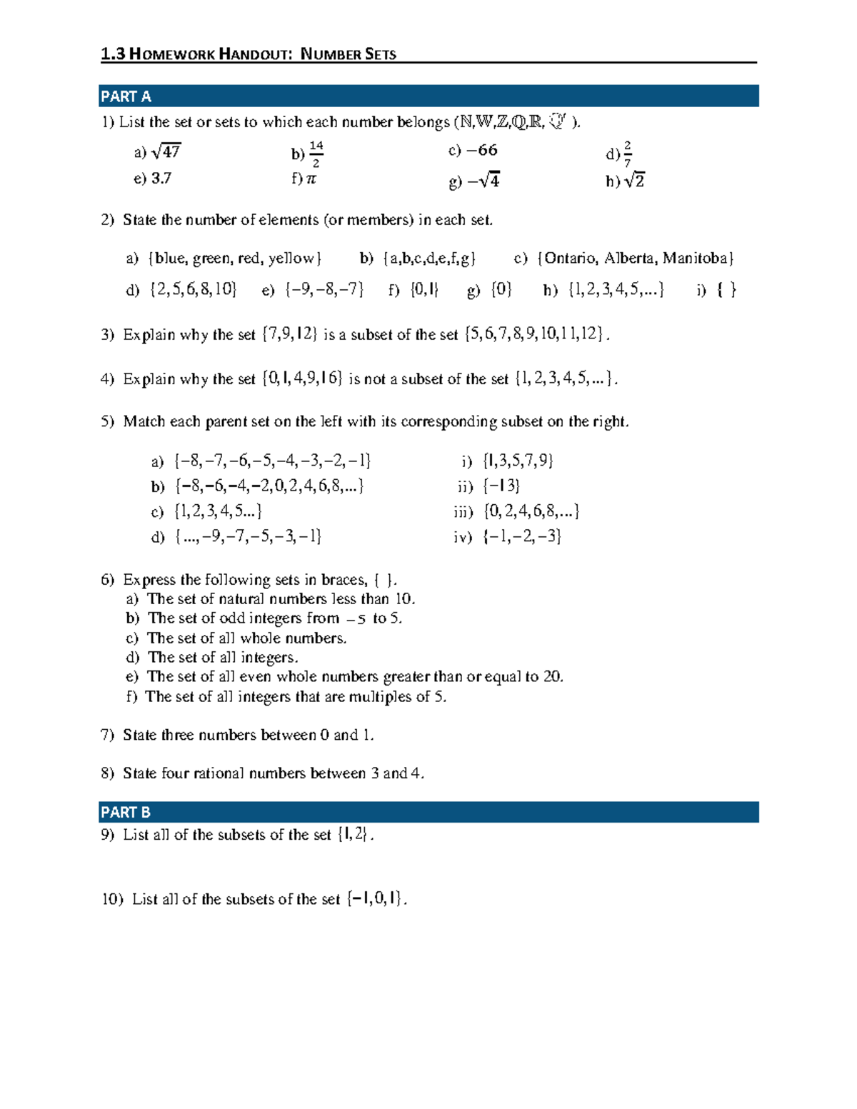 1.3 Homework Handout Number Sets - 1 HOMEWORK HANDOUT: NUMBER SETS PART ...