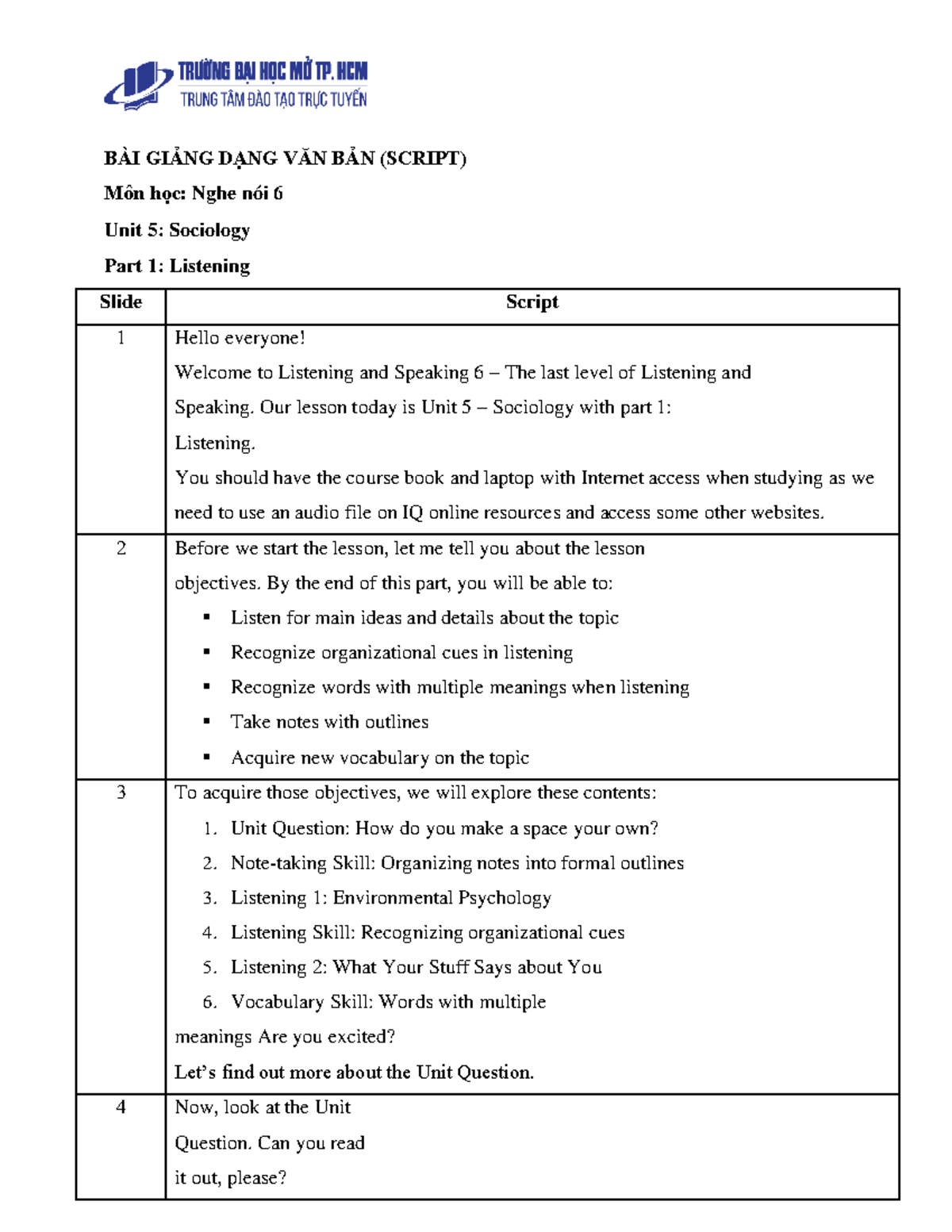 Listening and Speaking 6: Unit 5 Sociology - Part 1 Script - BÀI GIẢNG ...