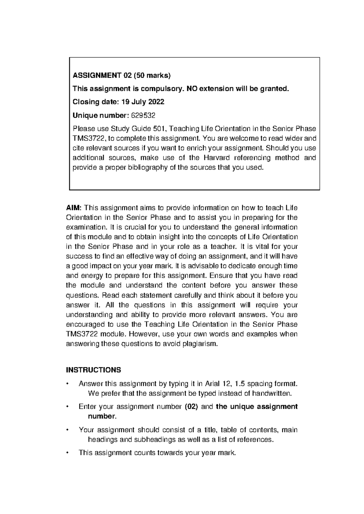 TMS3722 Assignment 2 Questions - ASSIGNMENT 02 (50 marks) This assignment is compulsory. NO ...